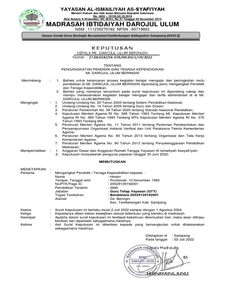 SK Pengangkatan Pendidik Dan Tenaga Kependidikan MI | PDF