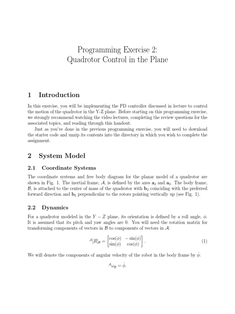 Programming Exercise 2: Quadrotor Control in The Plane: 2.1 Coordinate ...