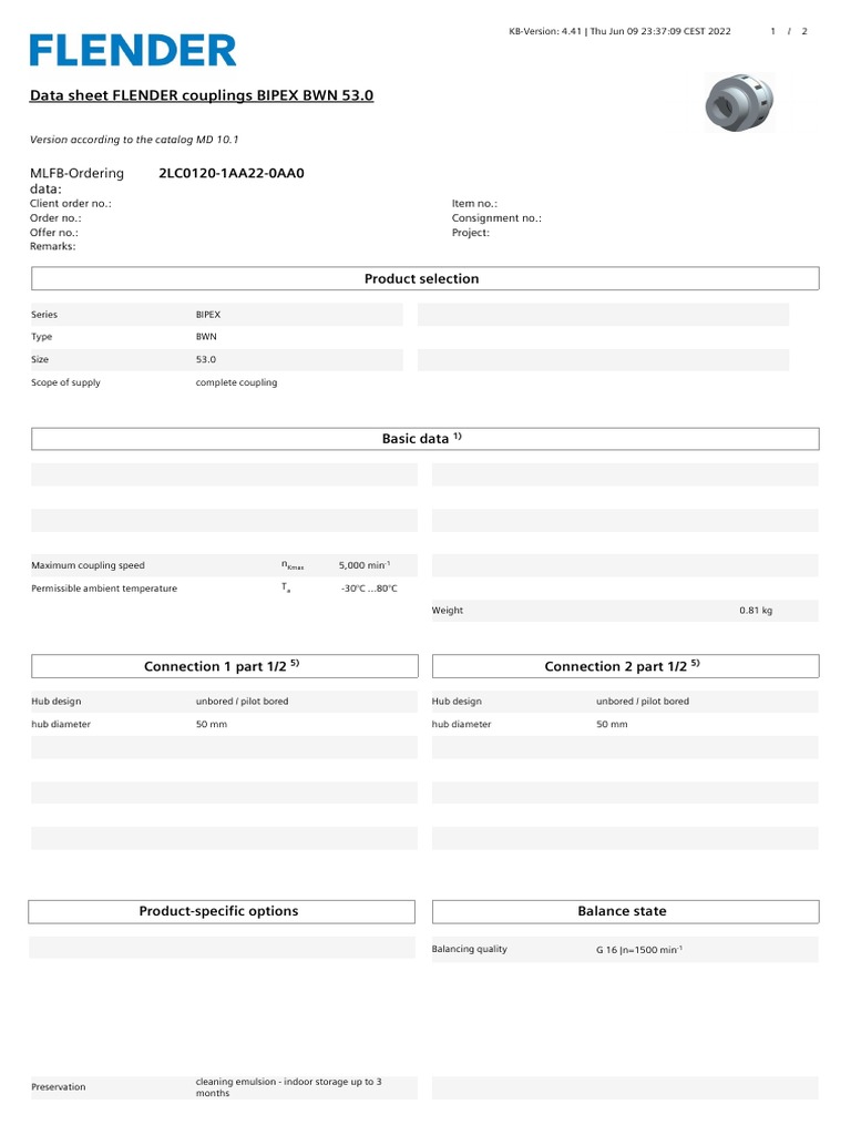 2LC0120-1AA22-0AA0: Data Sheet FLENDER Couplings BIPEX BWN 53.0 | PDF