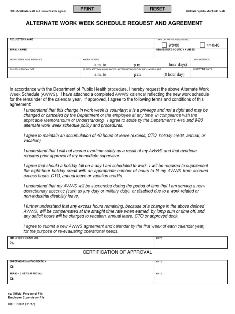 ALTERNATE WORK WEEK SCHDULE REQUEST cdph2301 | PDF | Economies | Justice