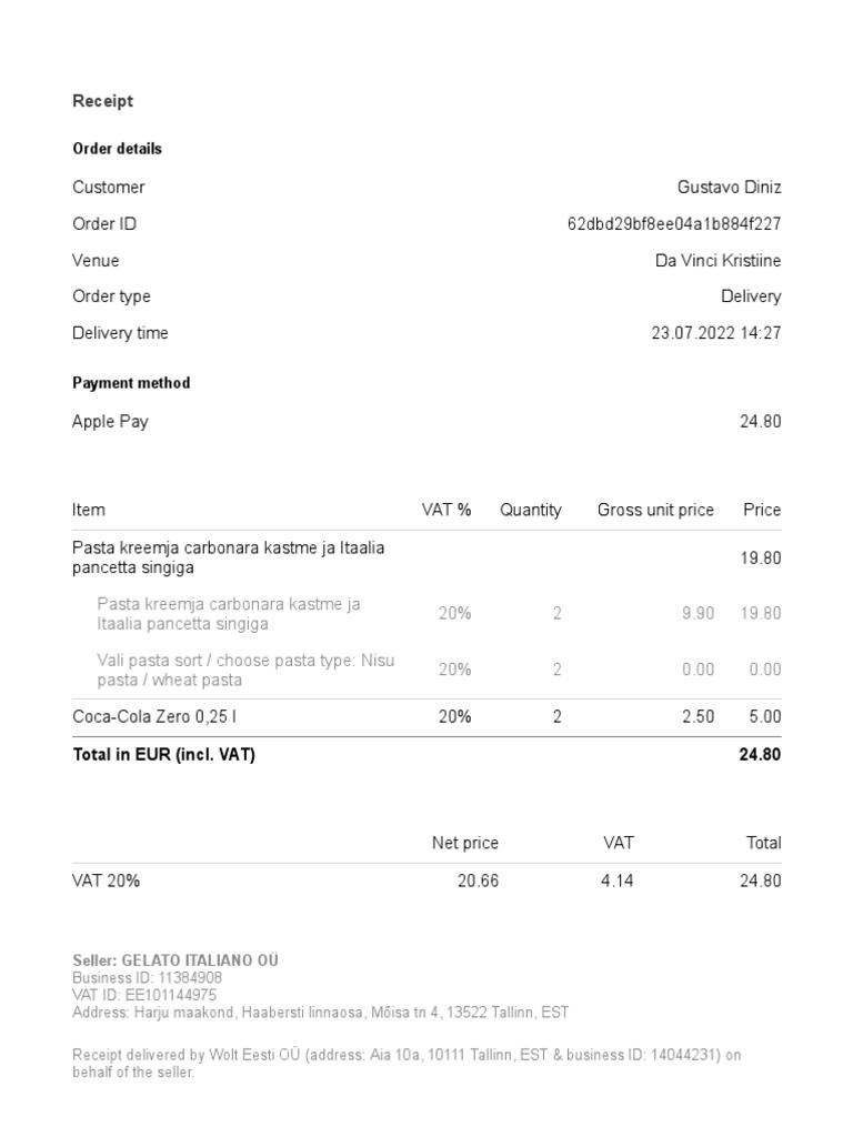 Da Vinci Kristiine Delivery Receipt | PDF