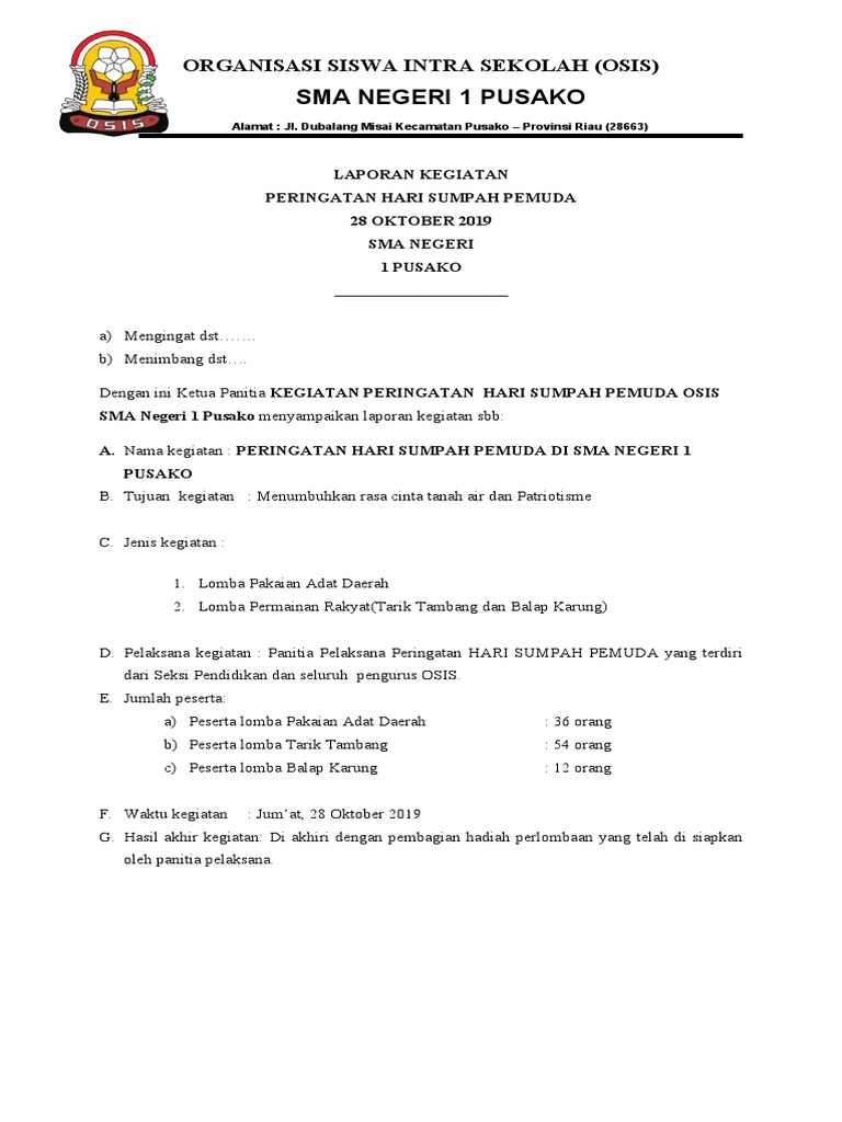 Laporan Kegiatan Hari Sumpah Pemuda | PDF Laporan Kegiatan Hari Sumpah Pemuda | PDF