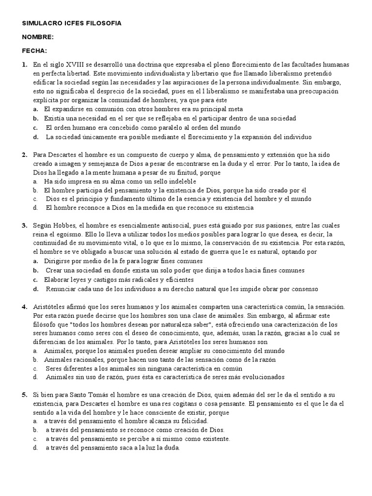 Simulacro Icfes Filosofia Ambito Antropológico | PDF | Verdad | Razón Simulacro Icfes Filosofia Ambito Antropológico | PDF | Verdad | Razón