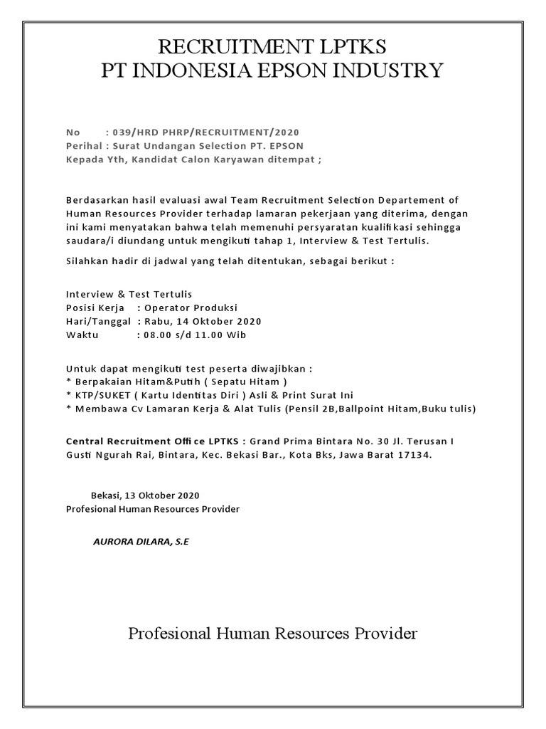 Surat Undangan Selection PT. EPSON | PDF