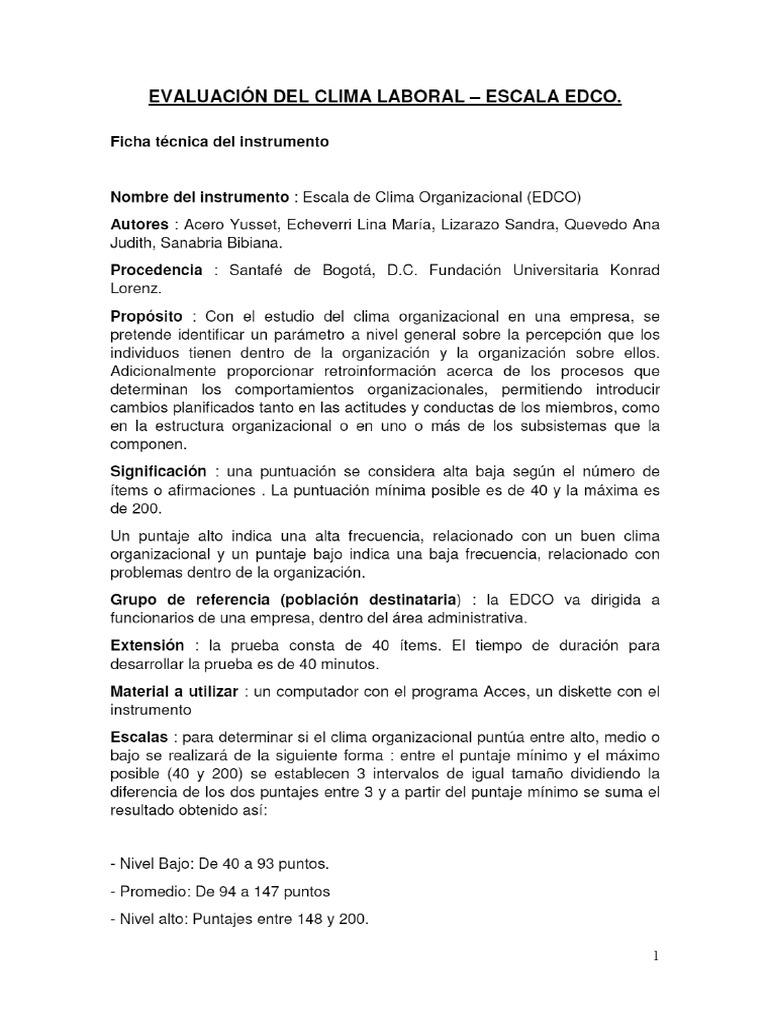 Evaluación Del Clima Laboral Escala Edco. | PDF