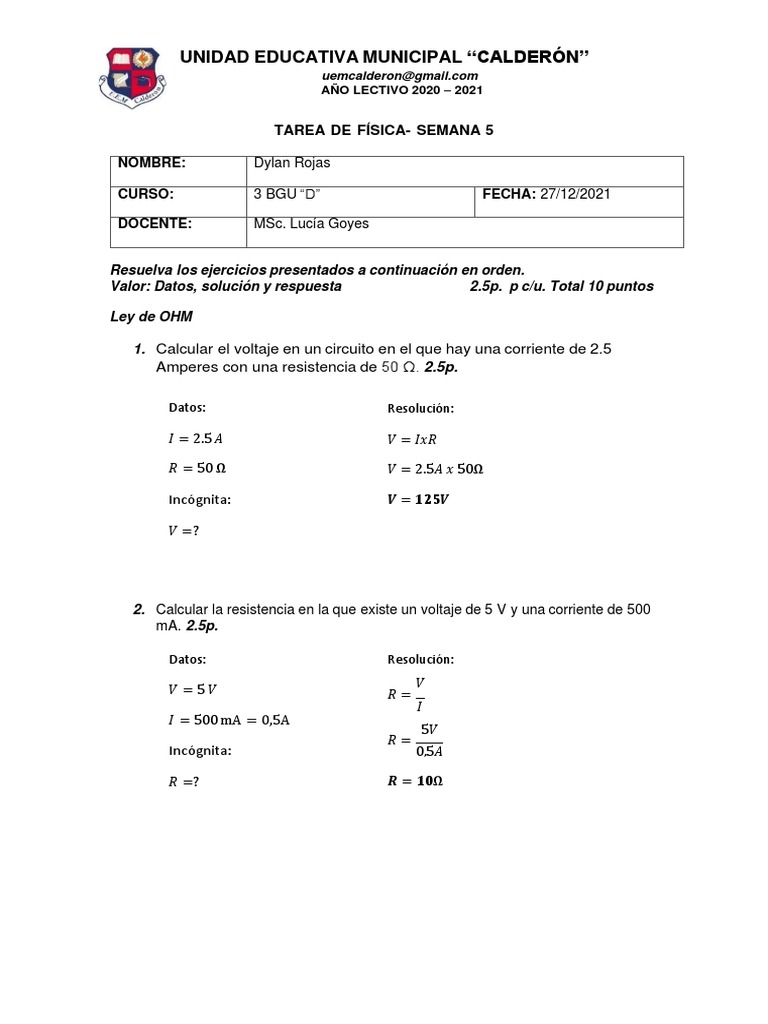 Dylan Rojas 3 BGU D | PDF | Resistencia Eléctrica y Conductancia | Física