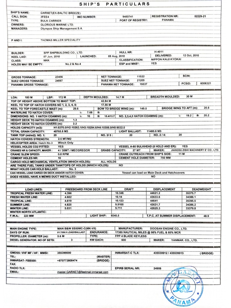 Ship Particulars - GARNET | PDF