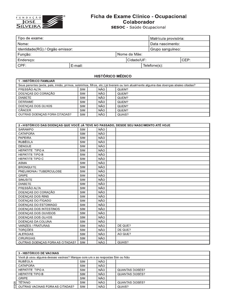 Ficha Exame Clinico Ocupacional Colaborador Atualizado | PDF
