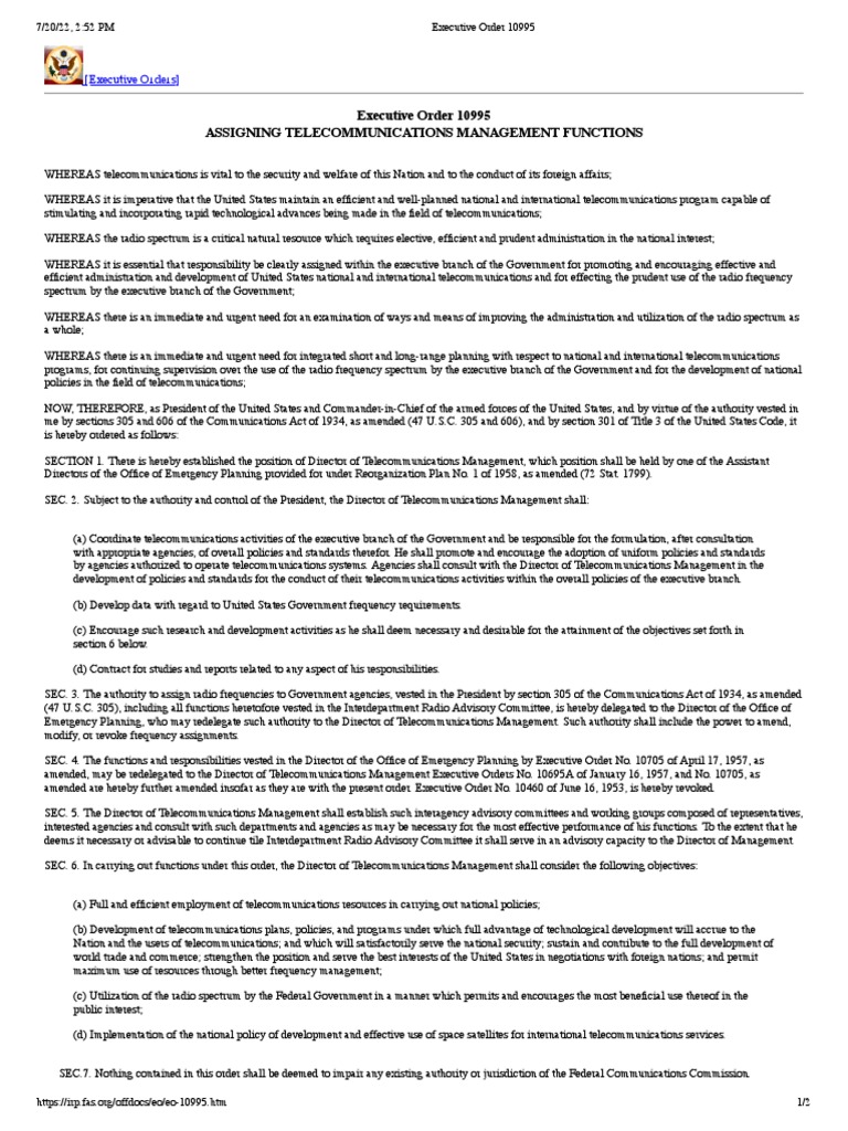 Executive Order 10995 | PDF | Telecommunications | Federal Government ...