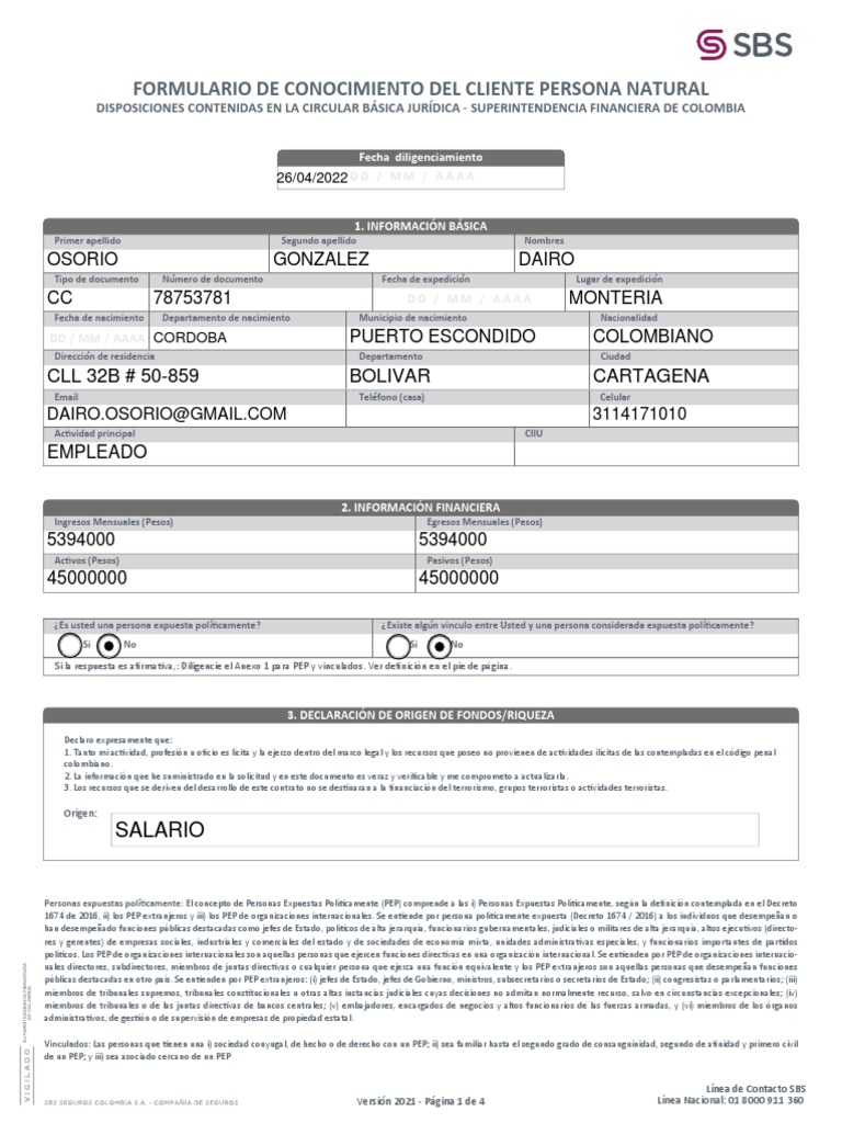 Formulario de Conocimiento Del Cliente Persona Natural | PDF | Póliza de seguros | Seguro