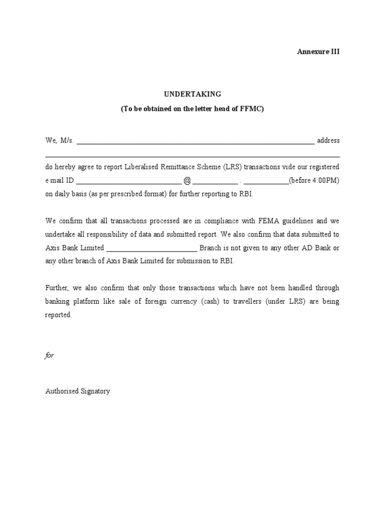 Annexure III - Format of Undertaking From FFMC | PDF