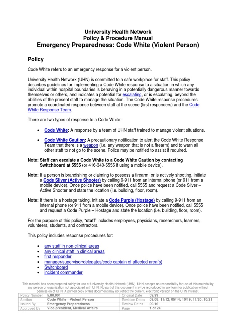Code White Policy for Violent Incidents | PDF | Emergency | Emergency ...