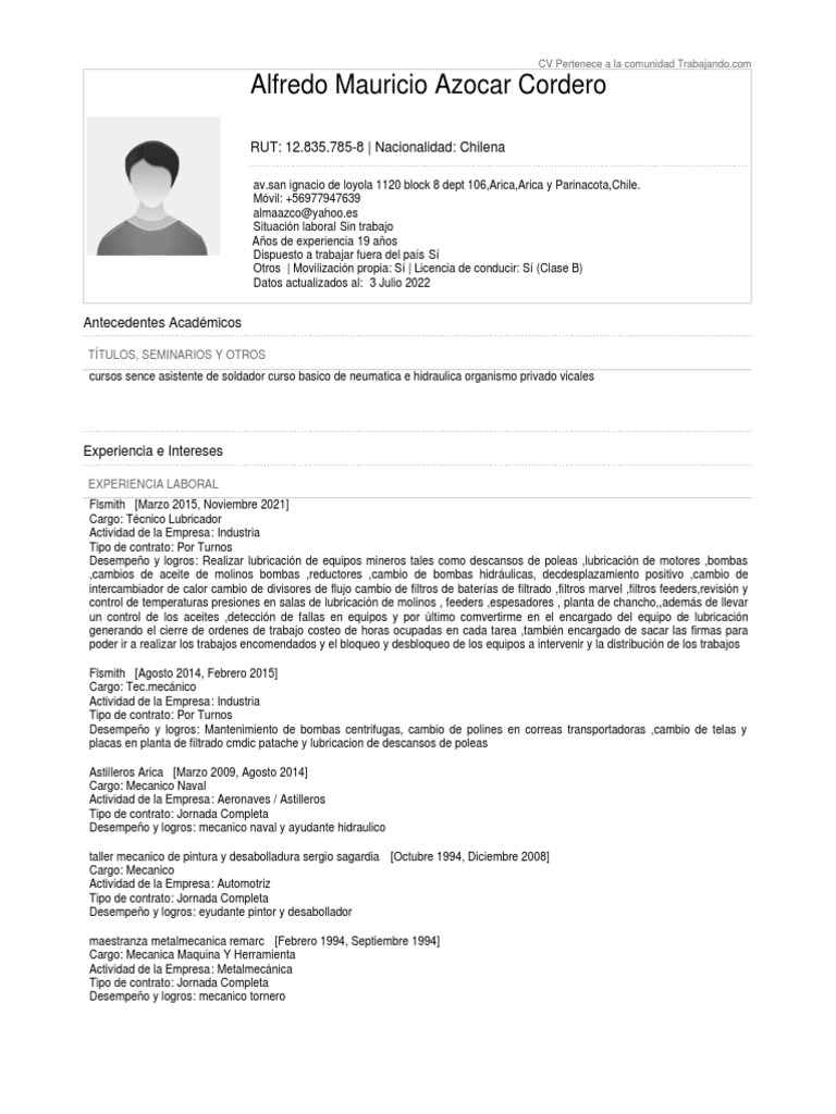 Alfredo Azocar - CV | PDF | Ingeniería mecánica