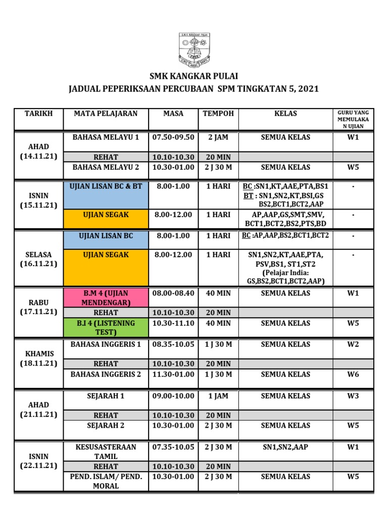 SMK Kangkar Pulai Jadual Peperiksaan Percubaan SPM Tingkatan 5, 2021 | PDF