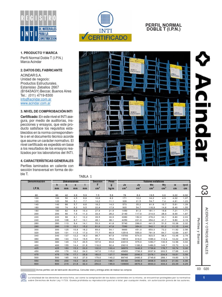 Tabla de Perfiles Doble T Acindar | PDF | Organización internacional ...