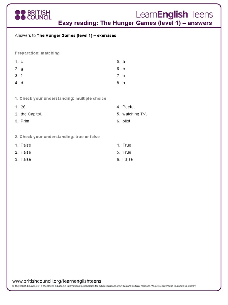 Easy Reading: The Hunger Games (Level 1) - Answers: Preparation ...