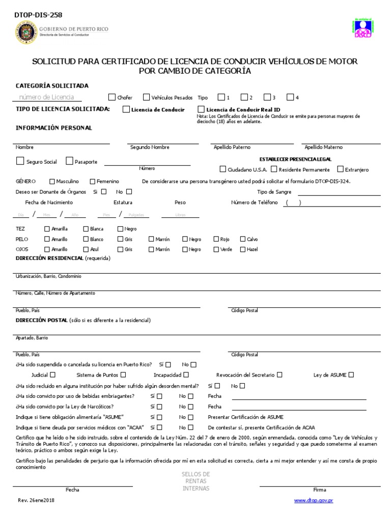 DTOP-DIS-258 Solicitud para Certificado de Licencia para Conducir ...