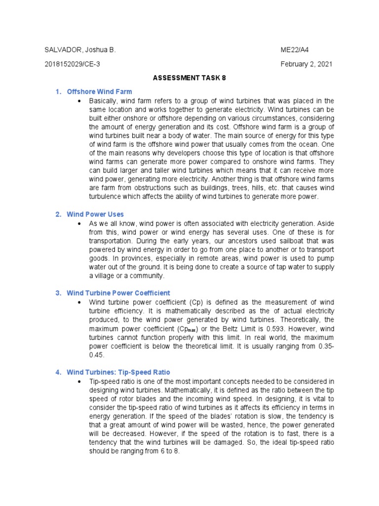 Offshore Wind Farm: Assessment Task 8 | PDF | Wind Turbine | Wind Power