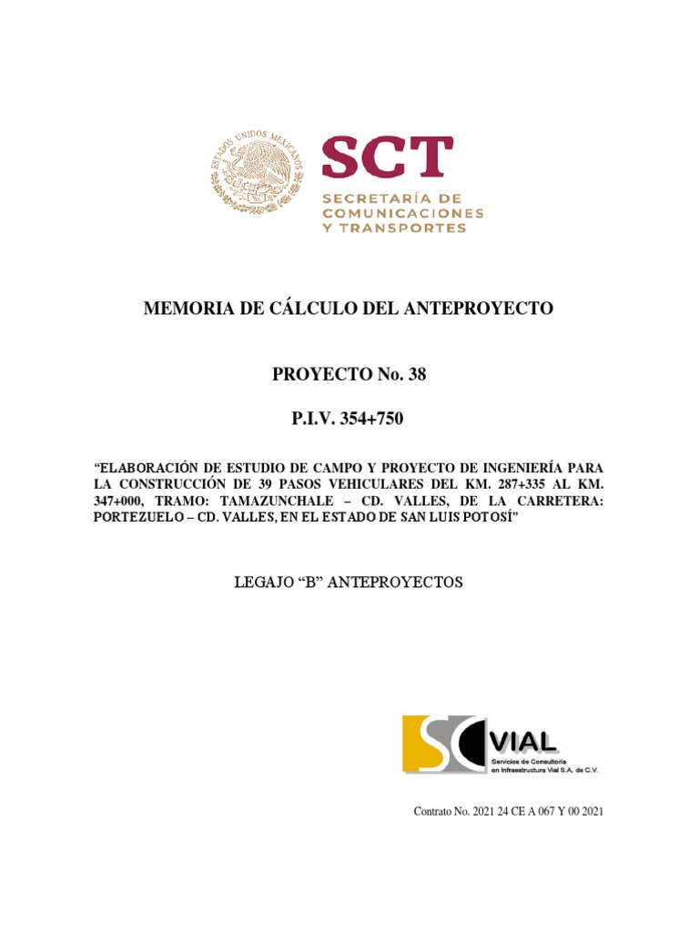 Memoria de Cálculo Del Anteproyecto 38 Piv 354+750 | PDF | Ingeniería estructural | Infraestructura