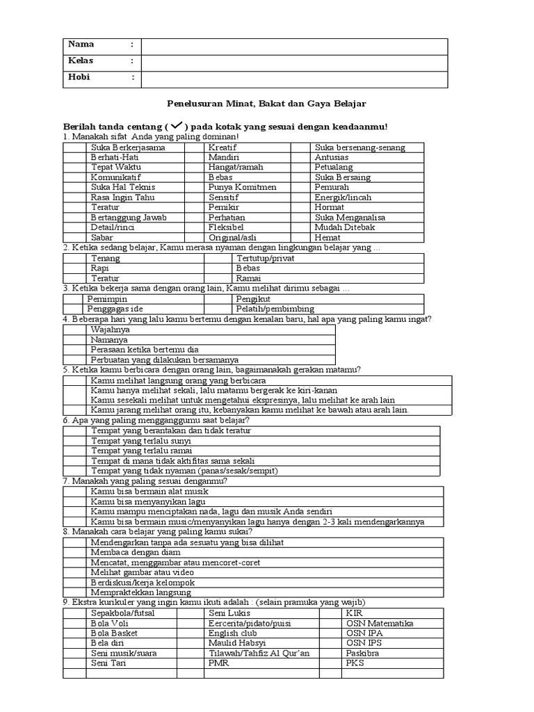 Contoh Tes Minat dan Bakat Siswa | PDF