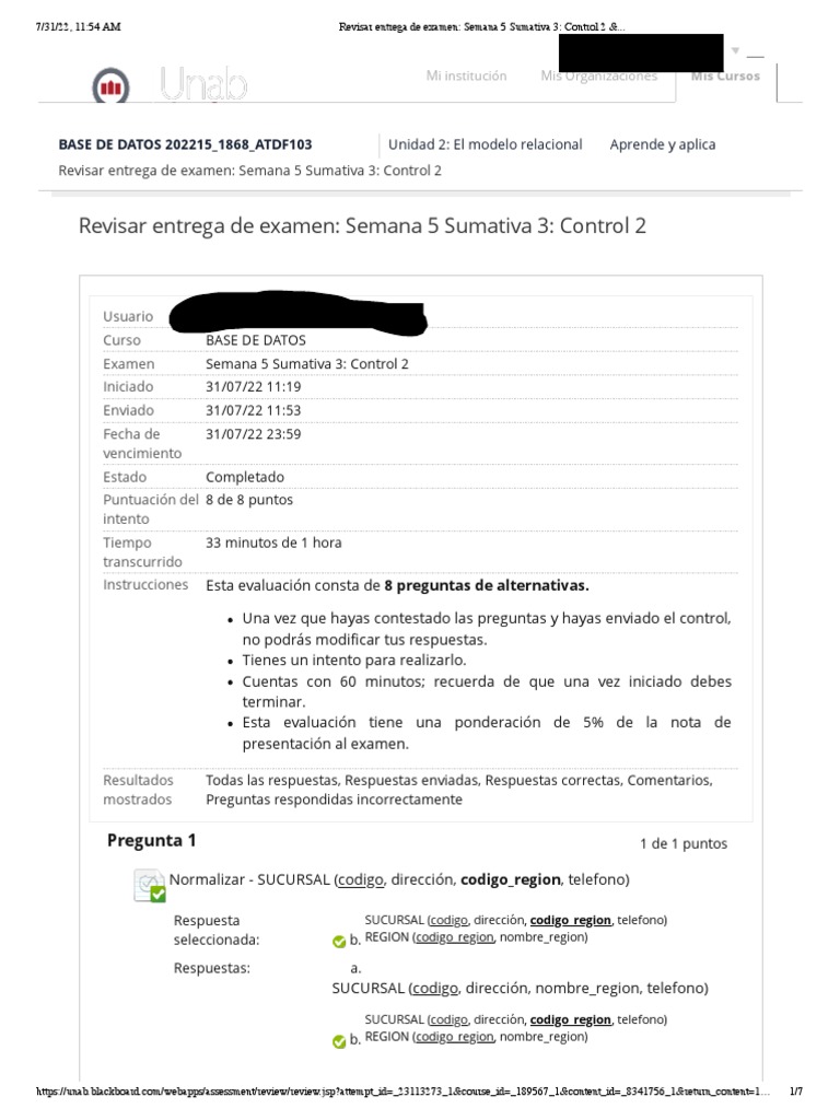 Revisar Entrega de Examen: Semana 5 Sumativa 3: Control 2 | PDF | Informática | Gestión de datos