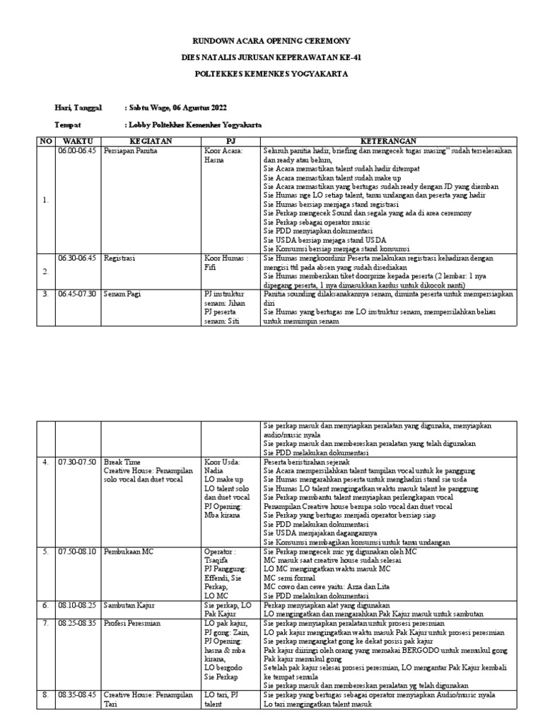 Rundown Opening Ceremony Keperawatan 41 | PDF