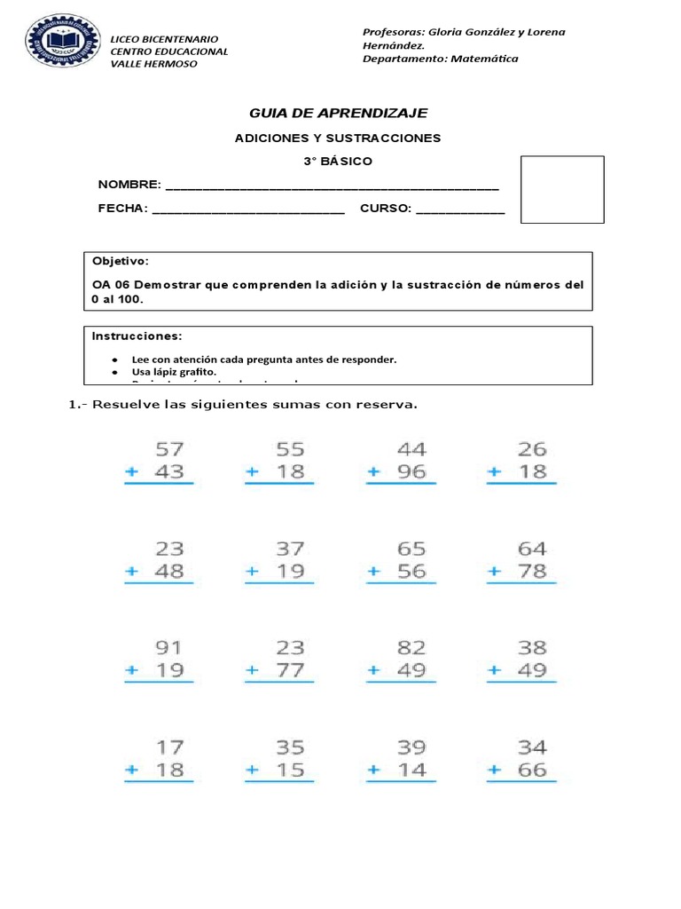 Guía 3ero Básico, Adición y Sustracción | PDF | Matemáticas