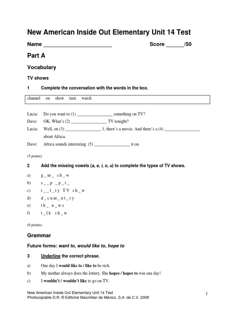 New American Inside Out Elementary Unit 14 Test: Part A | PDF ...