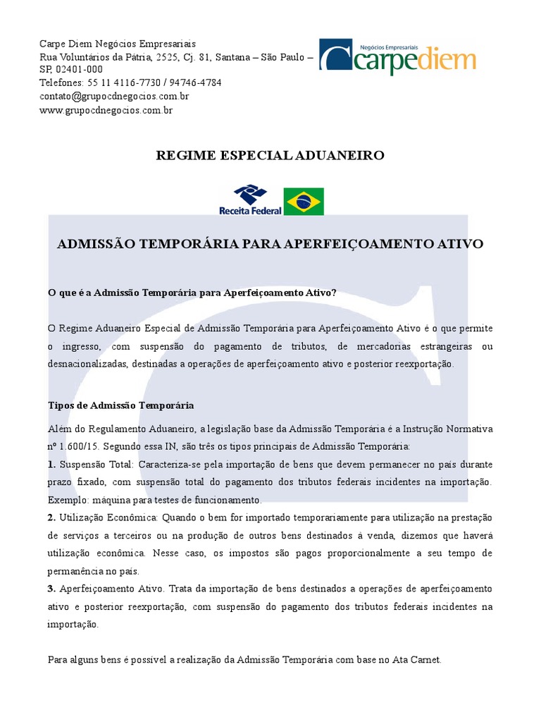 Summary of The Special Regime of Temporary Admission For Inward ...