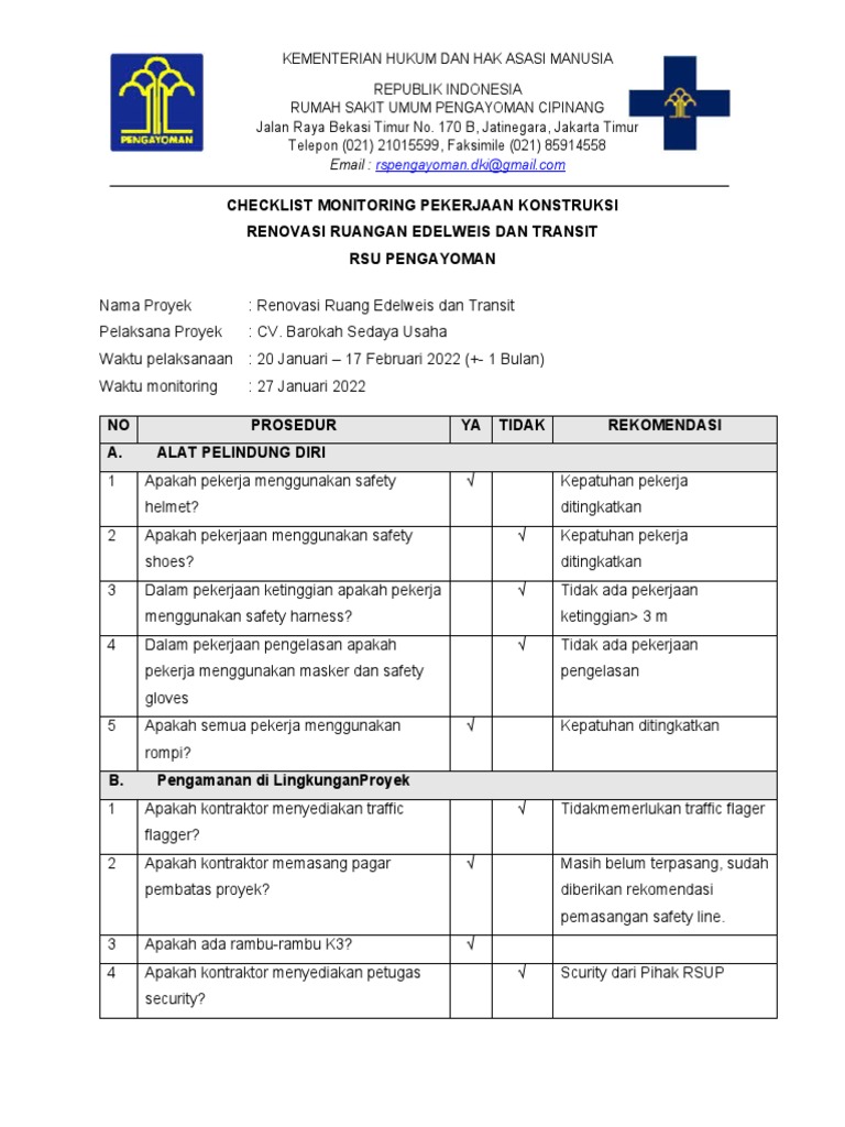 CHECKLIST MONITORING PEKERJAAN KONSTRUKSI Ranap Edelwies | PDF