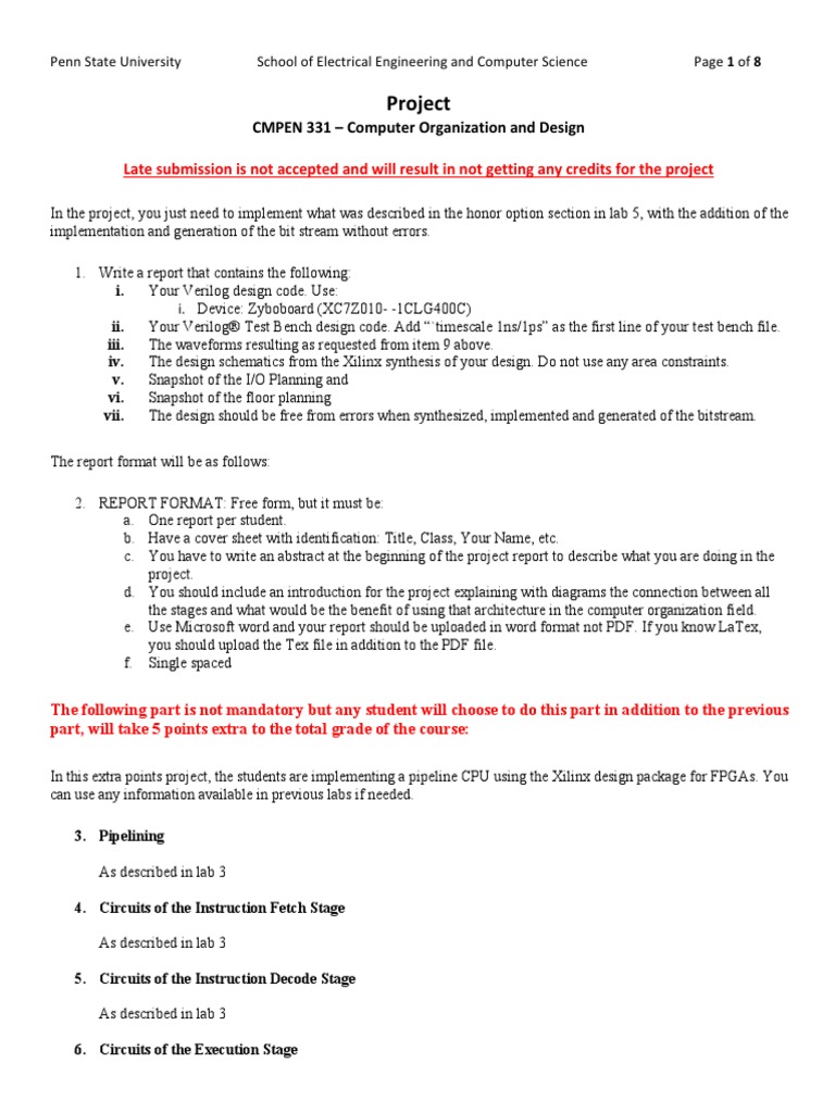 Project CMPEN 331 Computer Organization and Design - Penn State University - School of ...