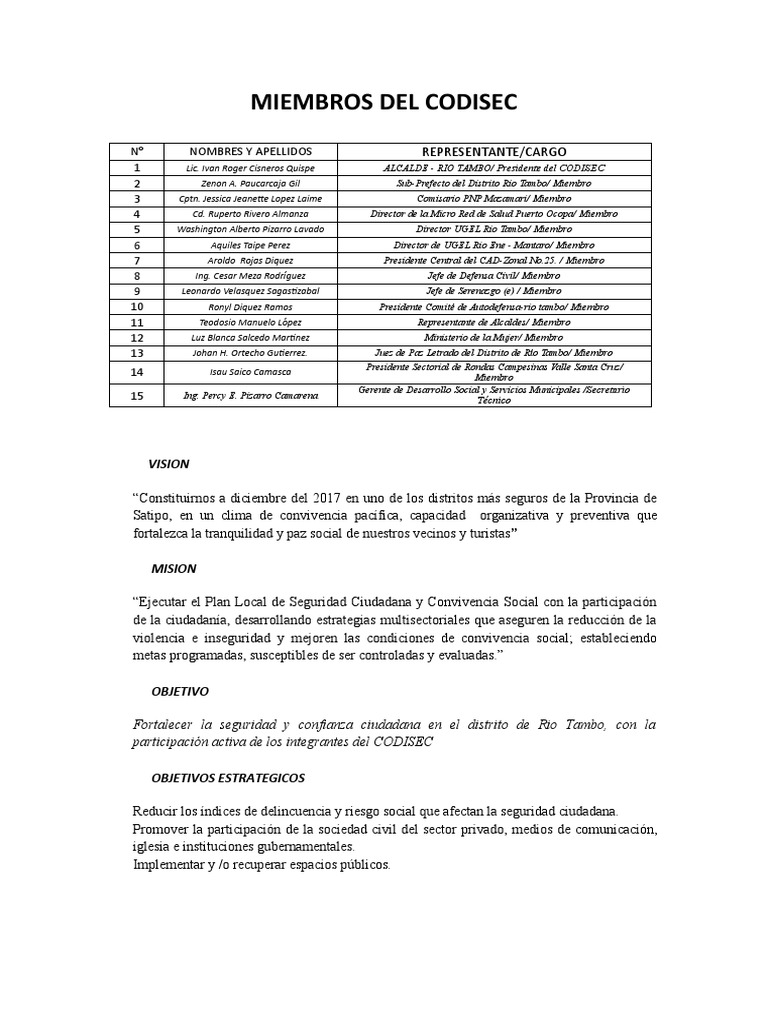 Miembros Del Codisec y Vision Mision | PDF | Perú | Policía