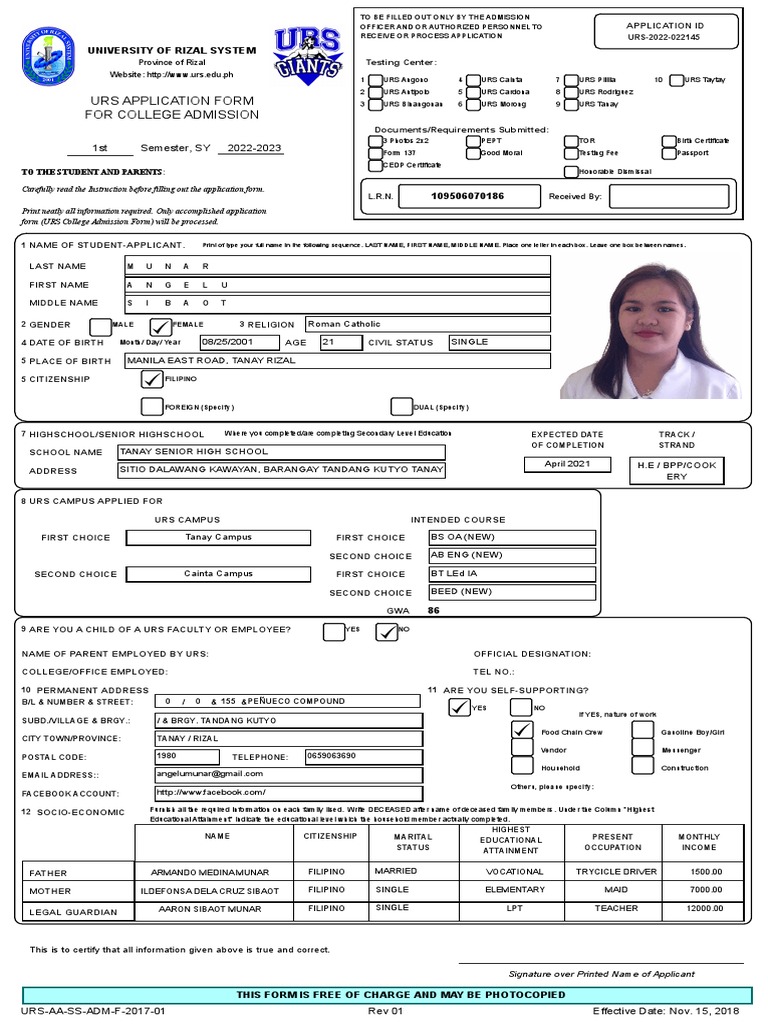 Urs Application Form For College Admission University Of Rizal System