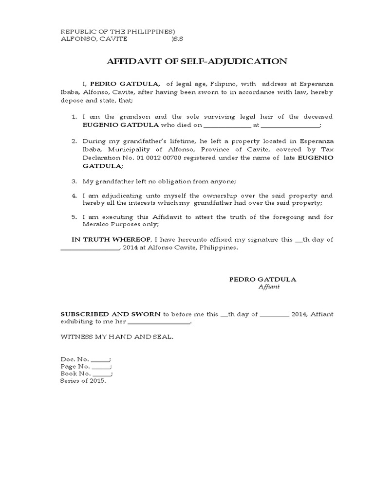 Affidavit of Self-Adjudication: EUGENIO GATDULA Who Died On - at | PDF ...