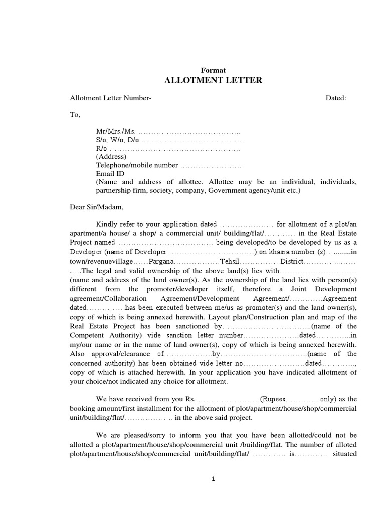 Allotment Letter: Format | Download Free PDF | Payments | Interest