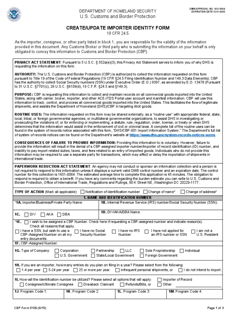 Create/Update Importer Identity Form: U.S. Customs and Border ...