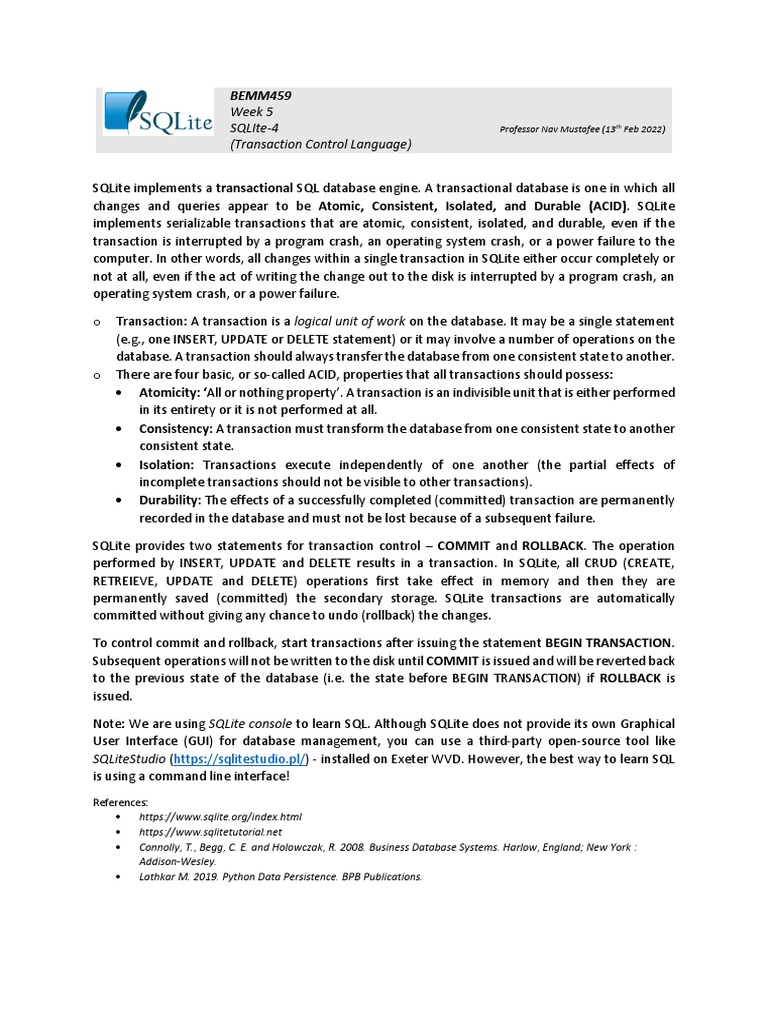 Week 5 - Sqlite - 4 - SQL TCL | PDF | Database Transaction | Acid
