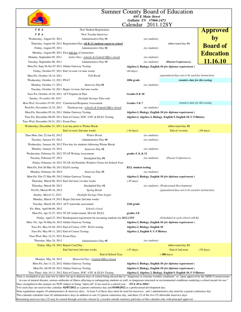 Sumner County Schools Calendar 2011-12 | PDF | Schools | Further Education