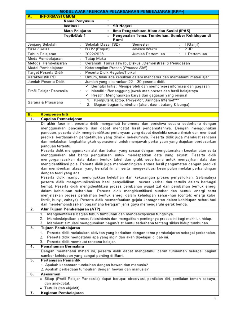 RPP Ipas Kls IV Sms 1 | PDF