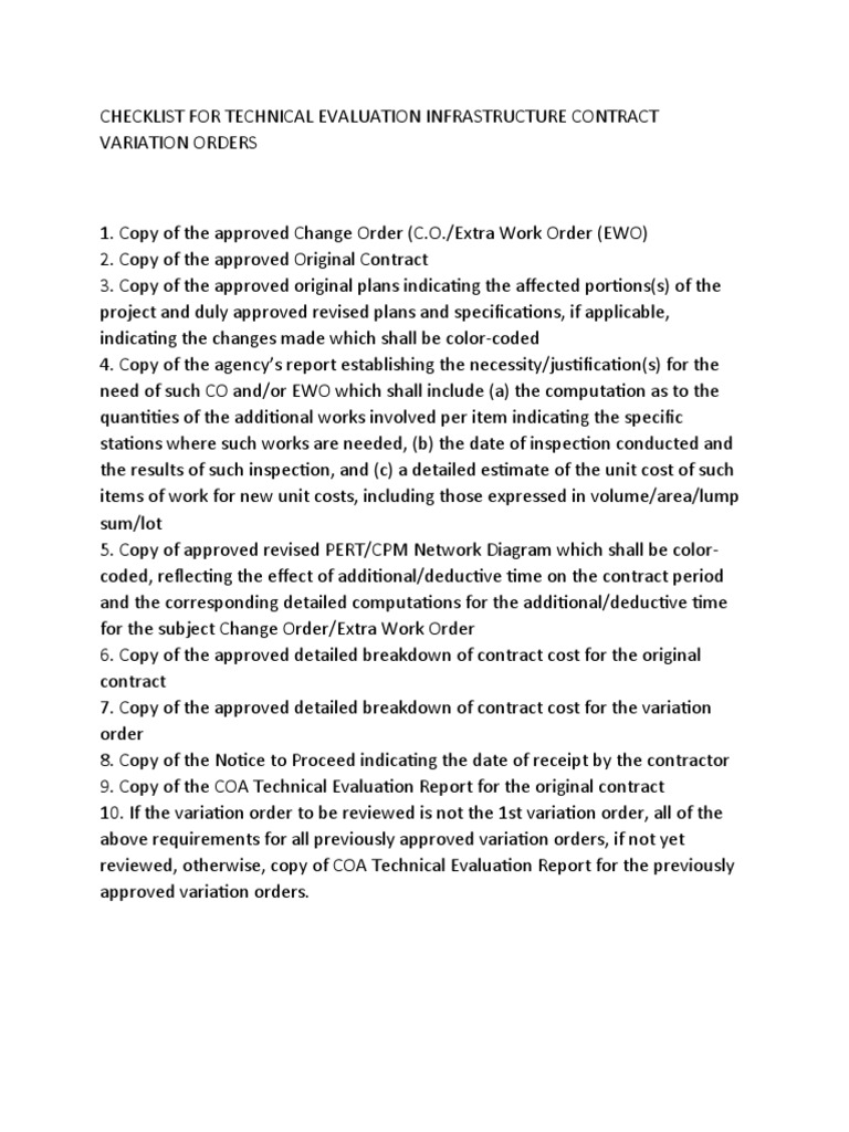 Checklist For Technical Evaluation Infrastructure Contract Variation Orders | PDF