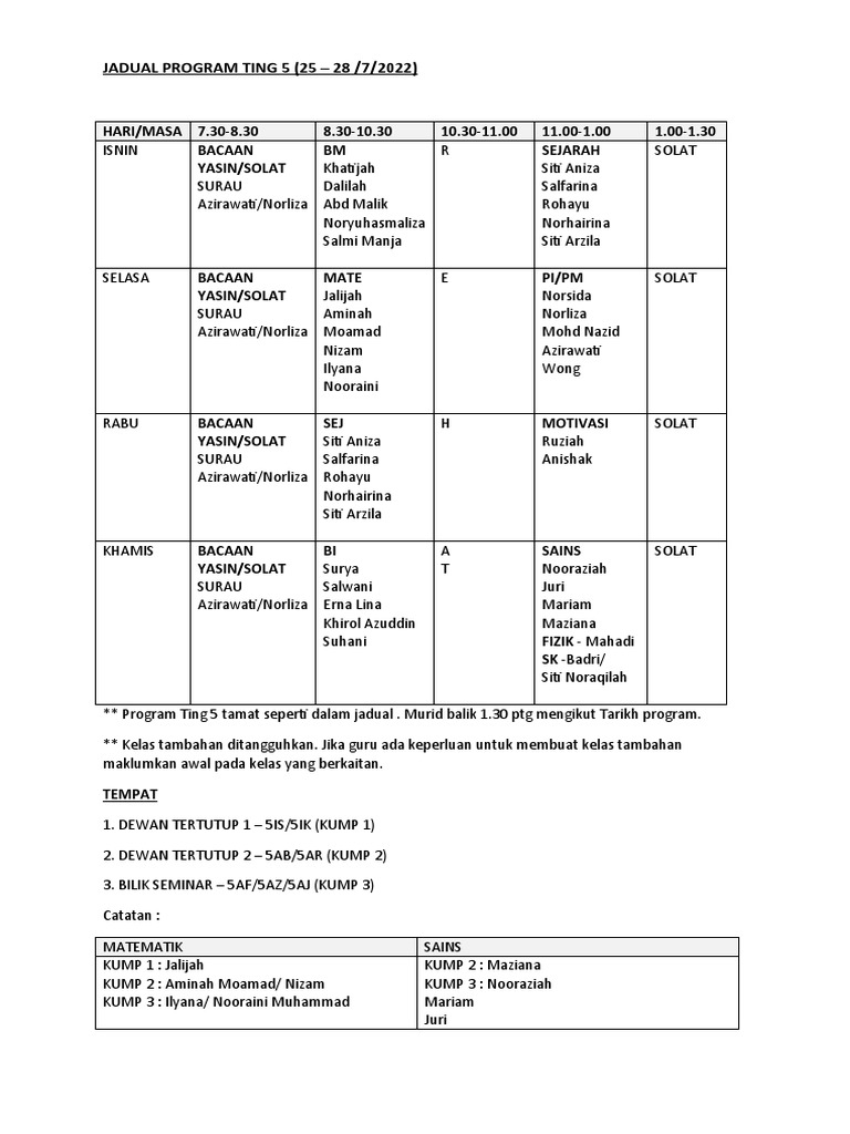 Jadual Program T5 2022 | PDF