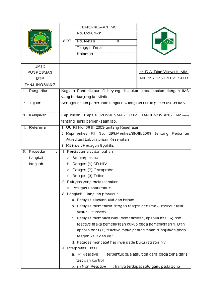 Sop Pemeriksaan Ims | PDF | Sains & Matematika