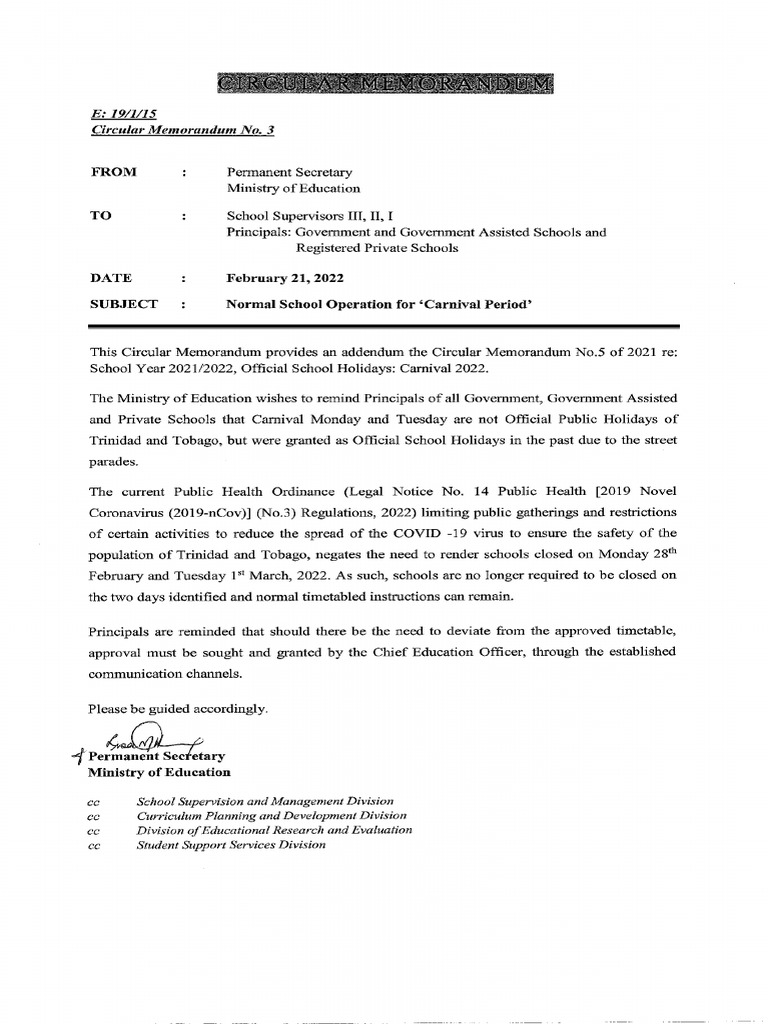 Circular Memo - Normal School Operation For Carnival Period | PDF