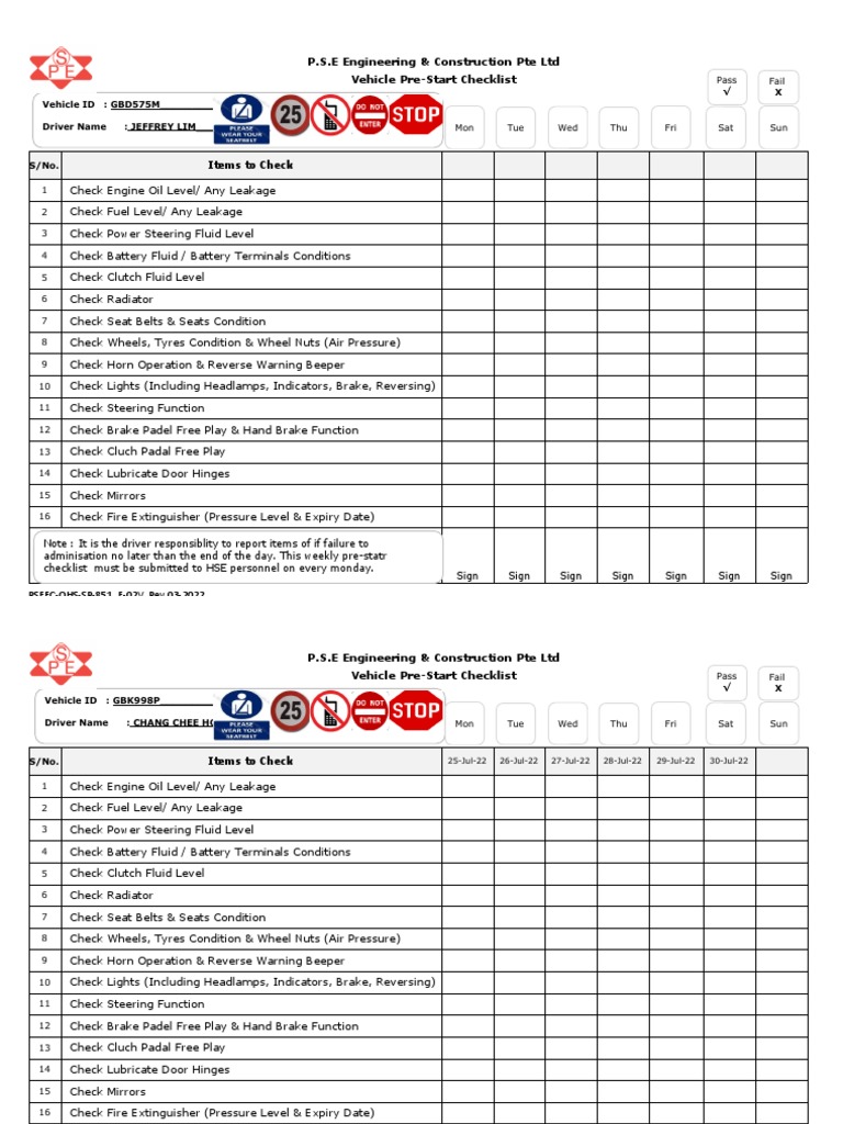 Vehicle Pre-Start Checklist Guide | PDF | Vehicles | Brake