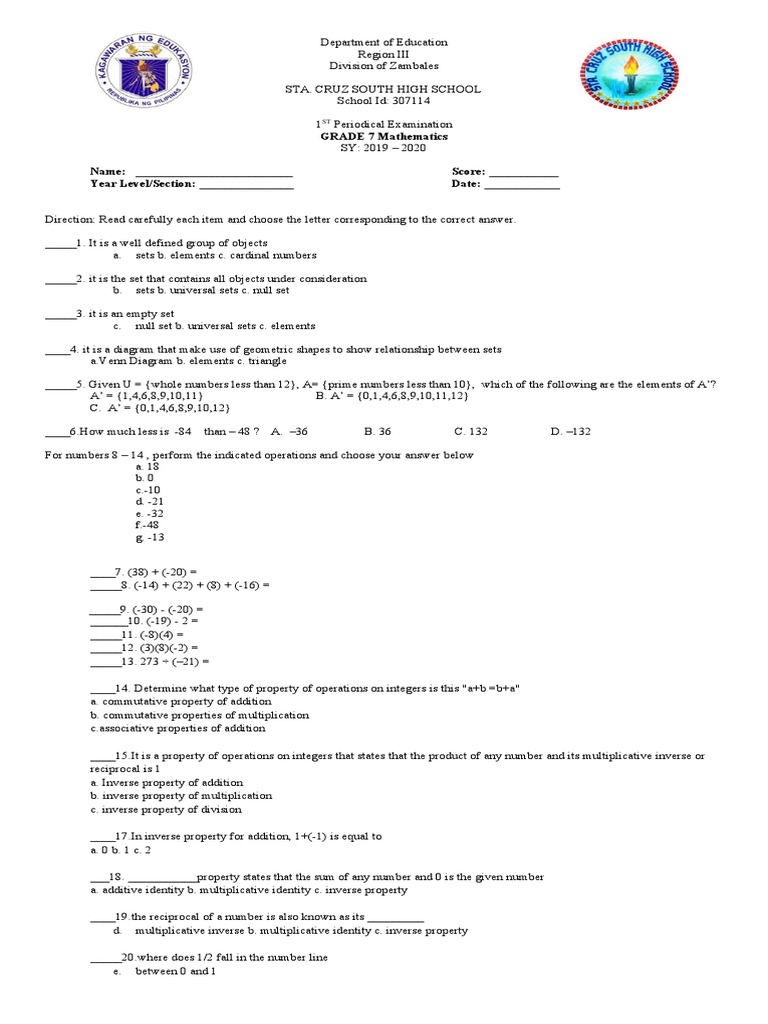 1st Periodic Test - Math 7 - v2 | PDF | Numbers | Algebra