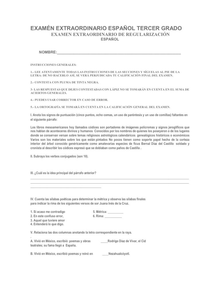 Exámenes de Español Tercer Grado | PDF | Metro (poesía) | Lengua española