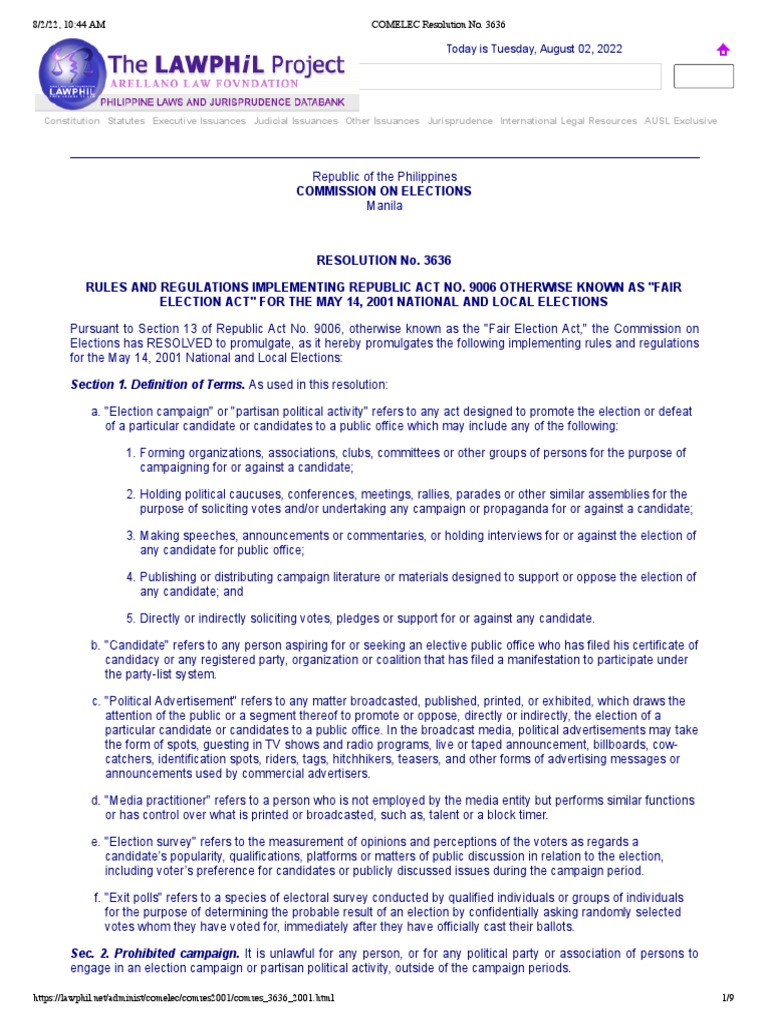 Rules and Regulations Implementing the Fair Election Act for the May 14 ...