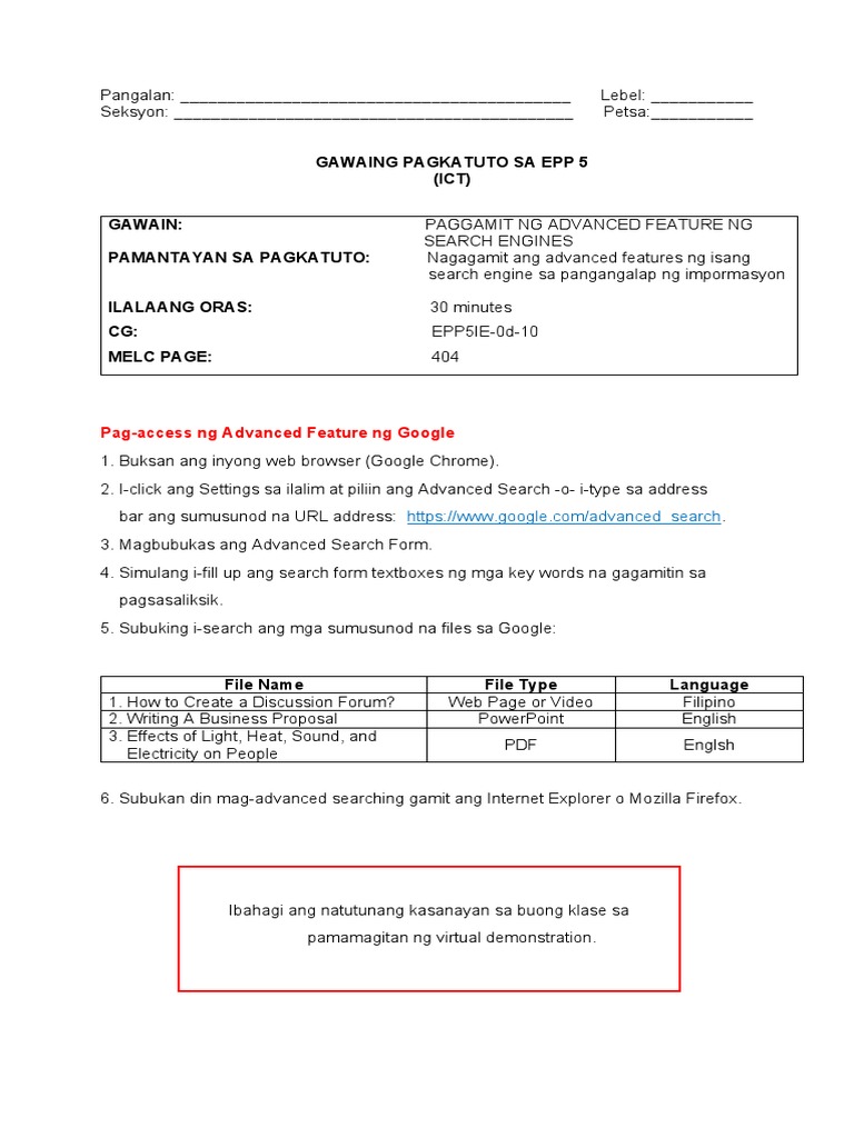 Activity Sheets EPP | PDF