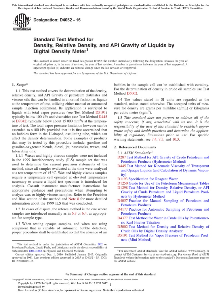 ASTM D 4052 Standard Test Method For Density | PDF | Calibration | Density