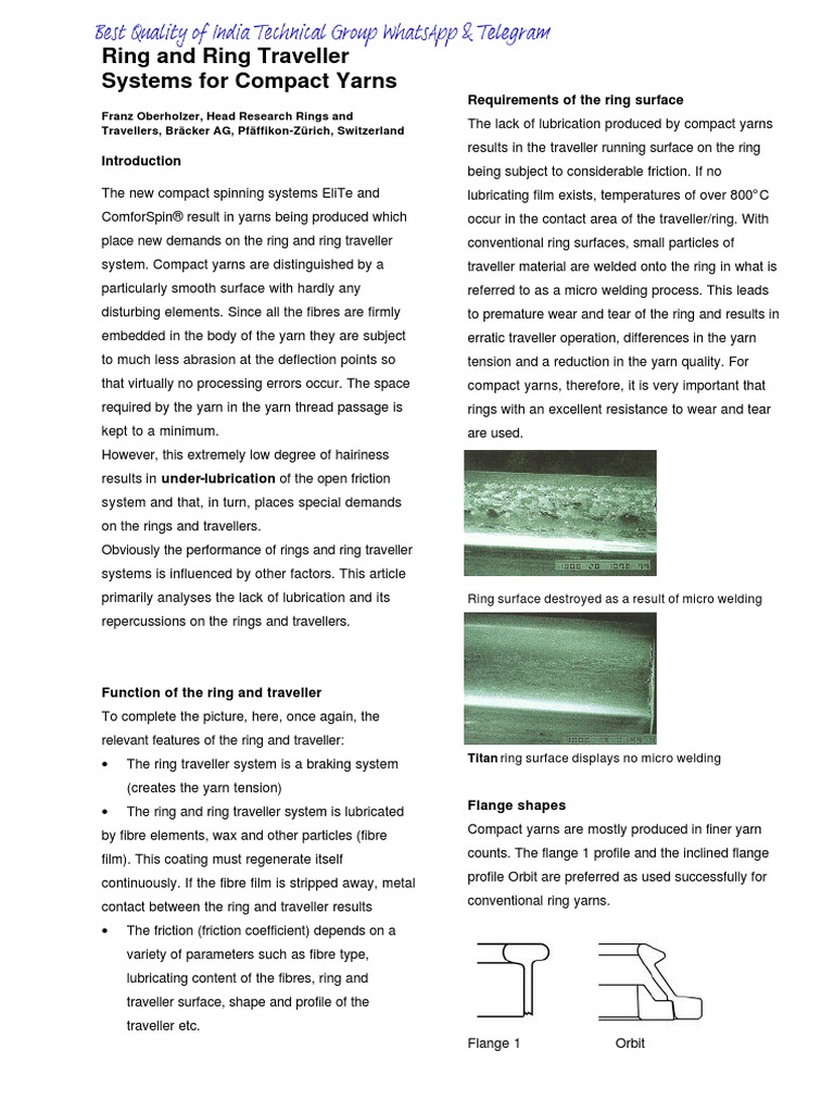 Ring and Ring Traveller Systems For Compact Yarns: Requirements of The ...